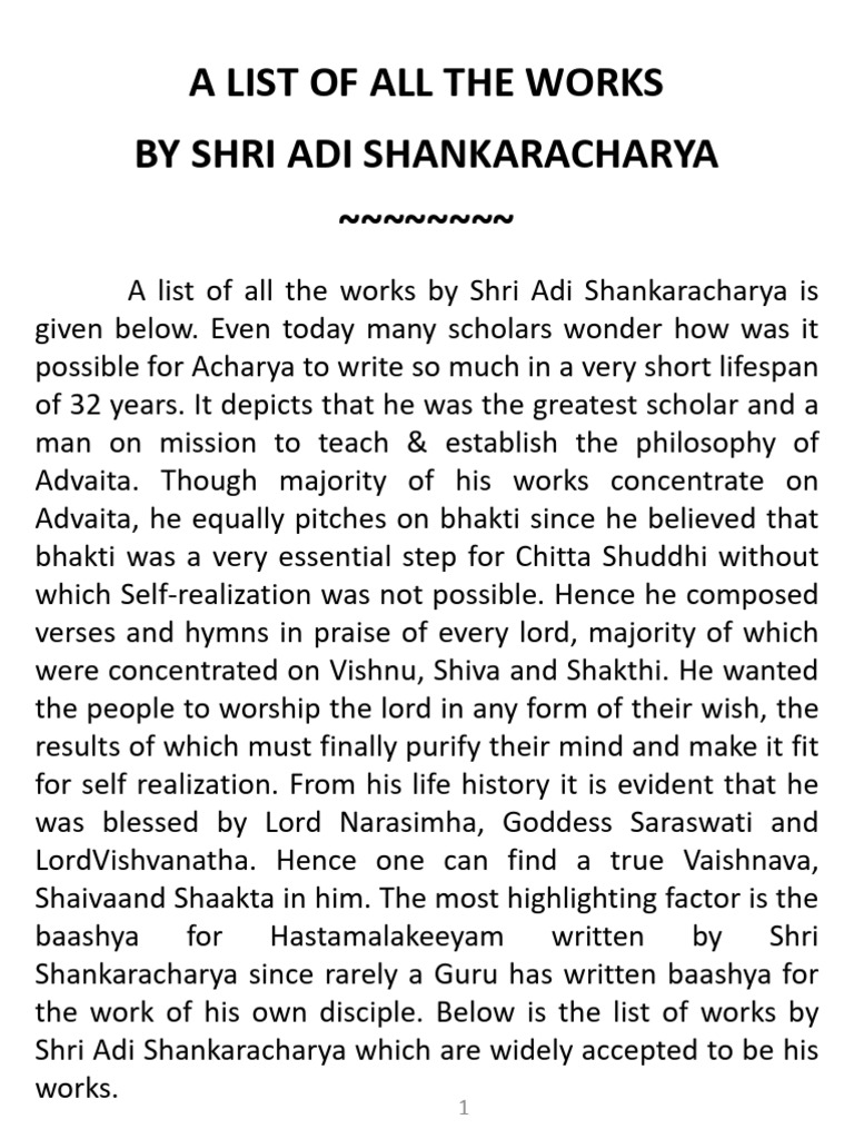 02 A List of All The Works by Shri Adi Shankaracharya | PDF ...