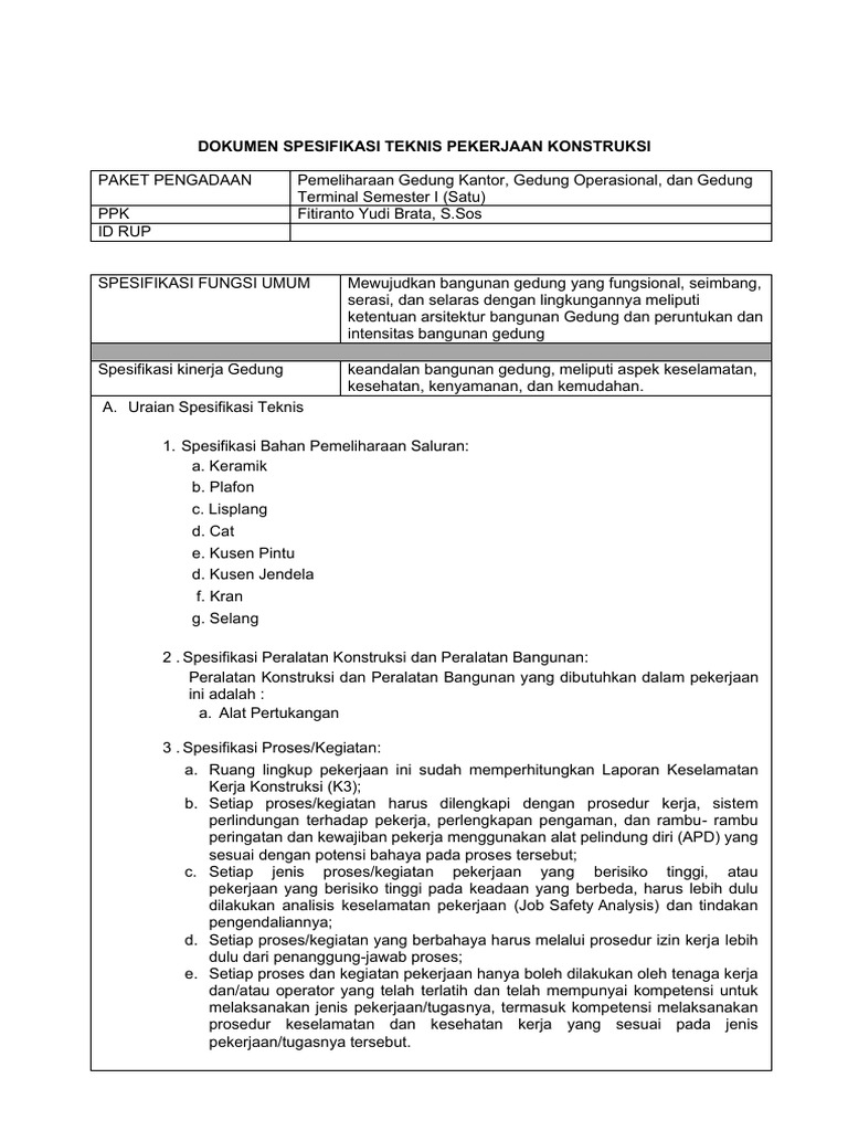 SPESIFIKASI TEKNIS Pek KONSTRUKSI PEMELIHARAAN GEDUNG KANTOR GEDUNG OPERASIONAL DAN GEDUNG ...