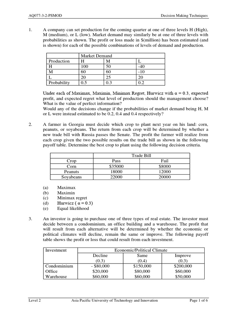 Psmod Chapter 7 Decision Making Techniques Pdf Economies