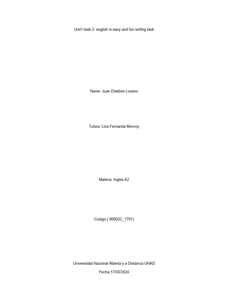 Unit1-task 2- english is easy and fun-writing task | PDF