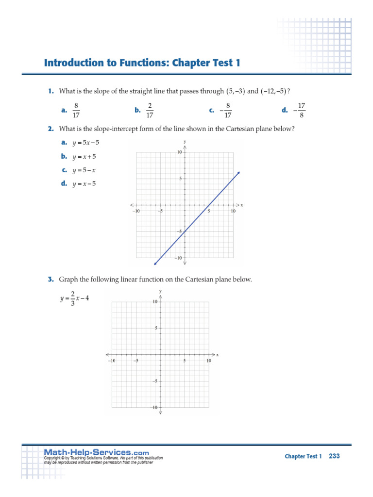 Introduction To Functions: Chapter Test 1: What Is The Slope of The ...