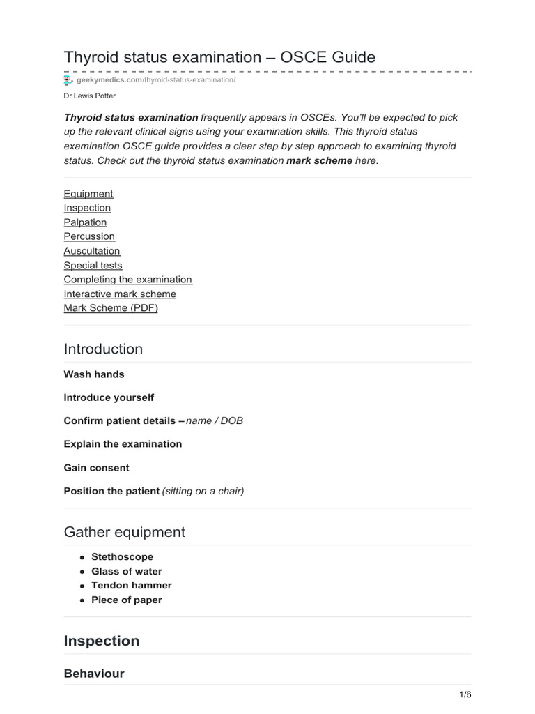 Thyroid Status Examination OSCE Guide | PDF | Thyroid | Neck Thyroid Status Examination OSCE Guide | PDF | Thyroid | Neck
