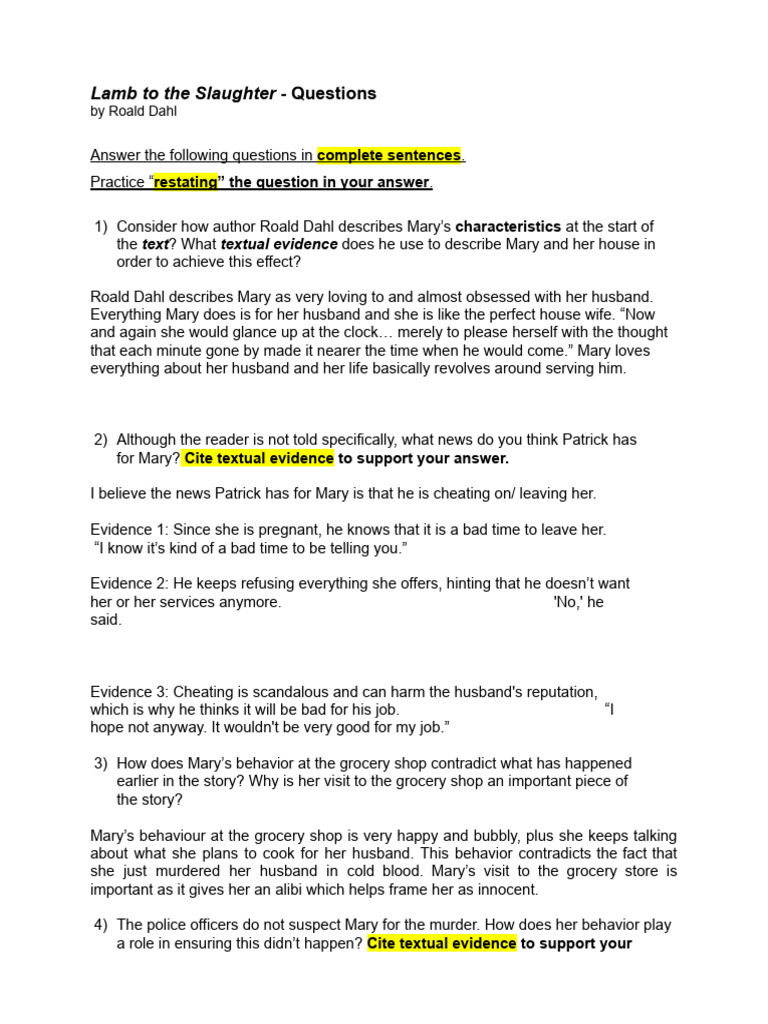 Lamb To The Slaughter - Questions | PDF | Narration