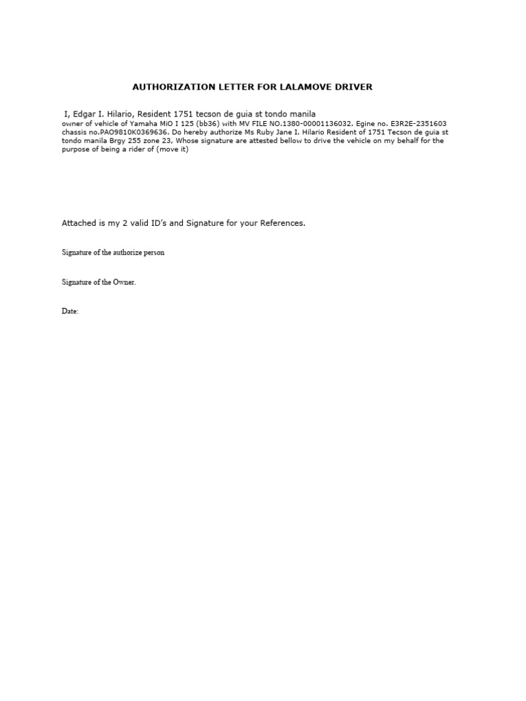 Authorization Letter For Lalamove Driver | PDF | Finance & Money Management