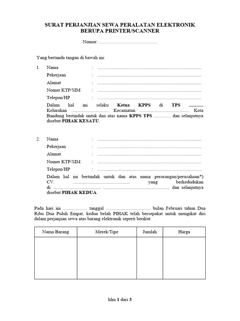 Contoh Perjanjian Sewa Printer-Scanner Pemilu | PDF