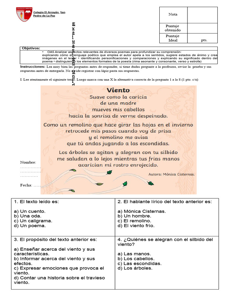 5° Prueba de Unidad 2 | PDF | Poesía