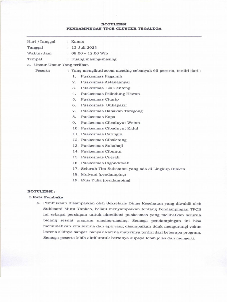 Notulen Pendampinagn TPCB Cluster Tegalega | PDF