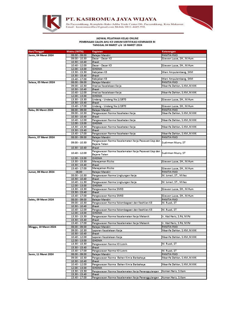 Jadwal Batch 186 Online Pelatihan Ak3u 2024 | PDF