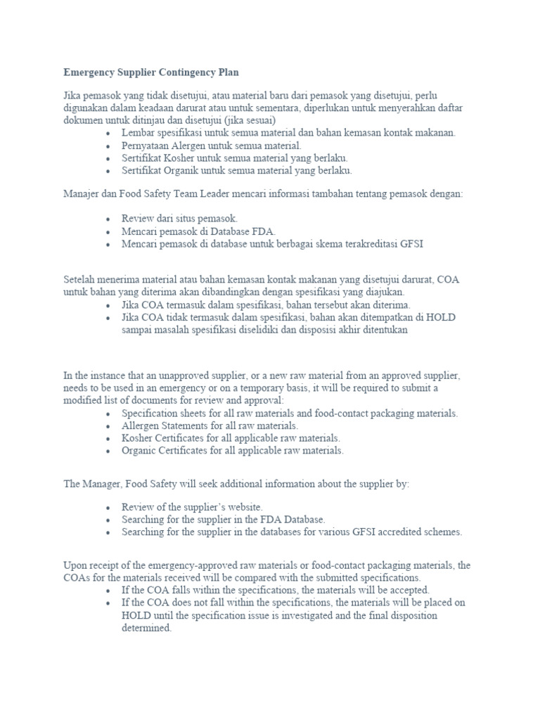 Emergency Supplier Contingency Plan | PDF