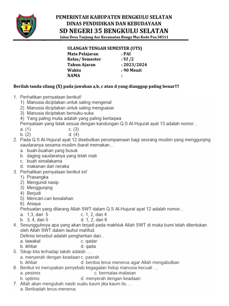 Soal Mid Pai Semester 2 KLS 6 | PDF | Agama & Spiritualitas