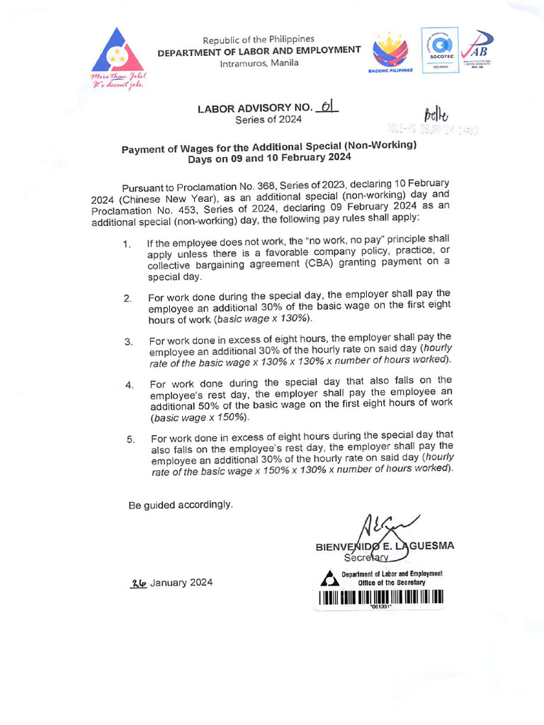 Labor Advisory No. 01 24 | PDF