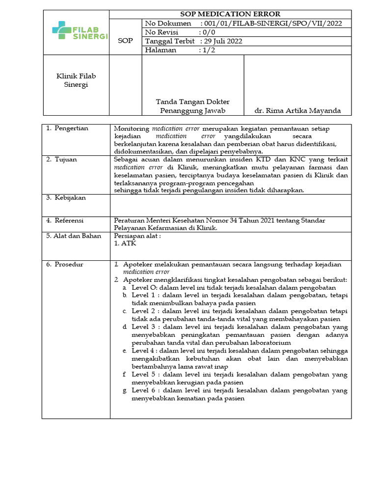Sop Medication Error | PDF | Pengembangan Diri | Kesehatan Holistik