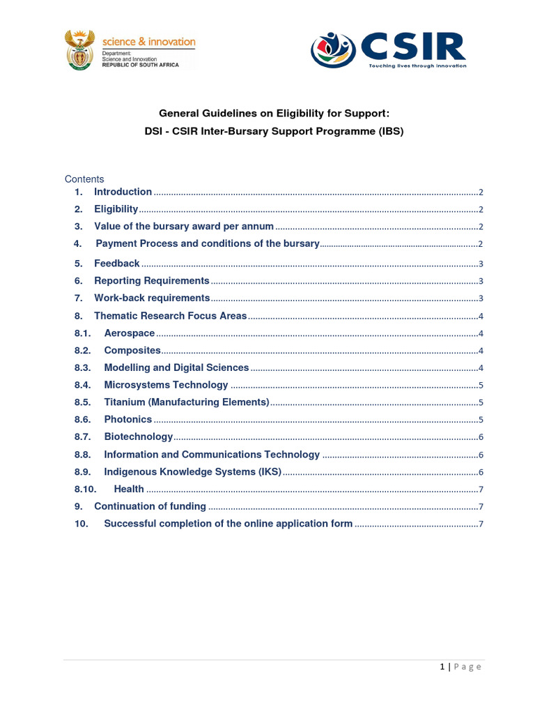 DSI CSIR InterBursary Support Programme - Eligibility Guidelines - Final | PDF | Science ...