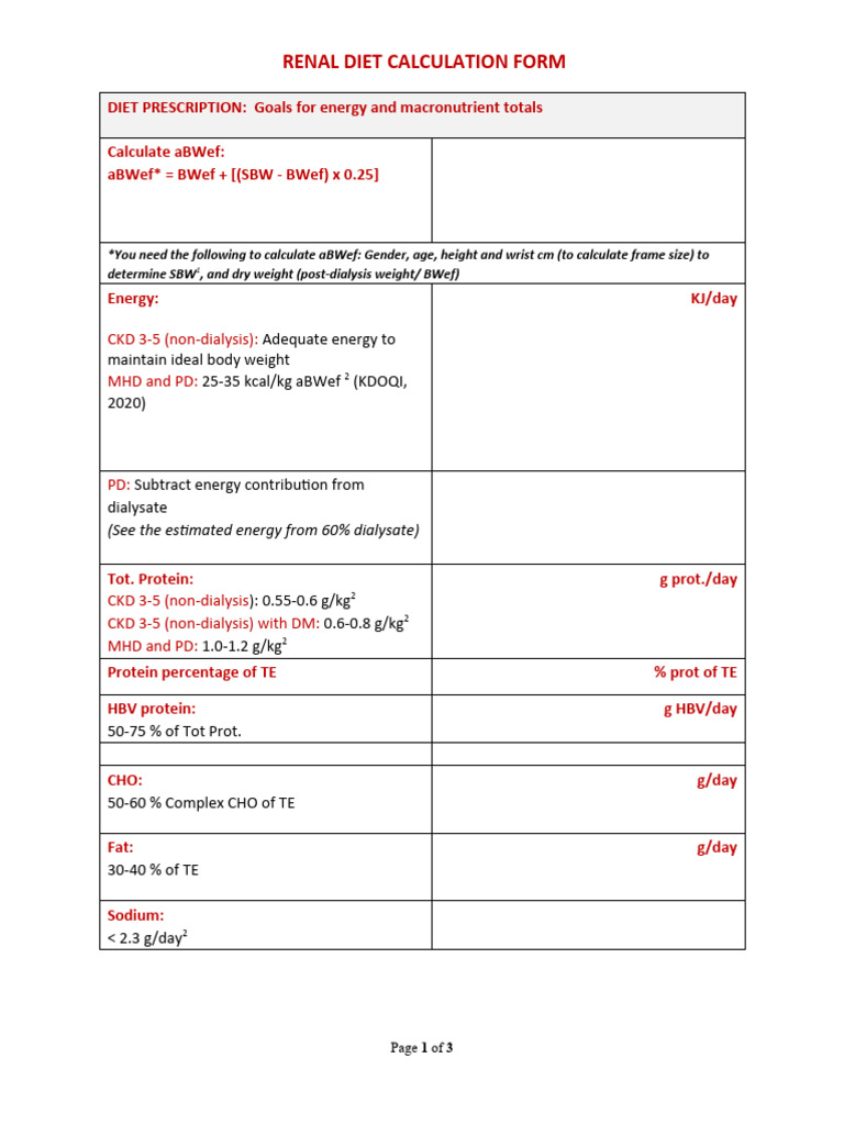 Renal Diet Calculation Form 2022 | PDF | Nutrition | Diet & Nutrition