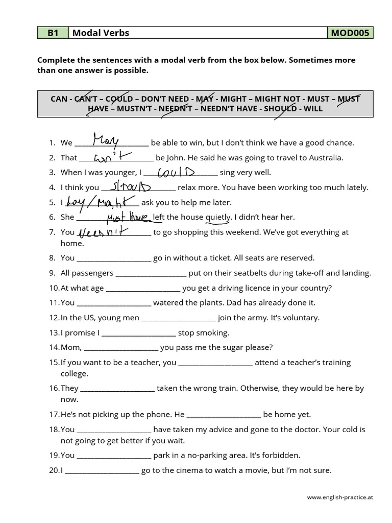 Modal Verb B1 Exercises | PDF