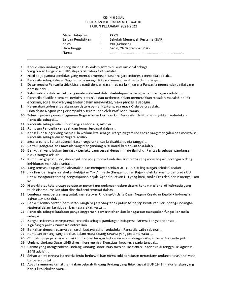 Kisi Kisi Soal PAS Ganjil PPKN Kelas 8 2022 | PDF | Ilmu Sosial | Sejarah