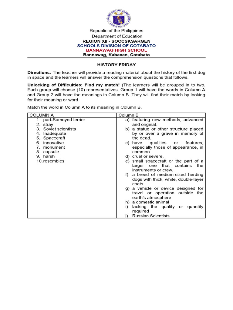 HISTORY FRIDAY (catch up Friday Activity) DEPED Philippines | PDF ...