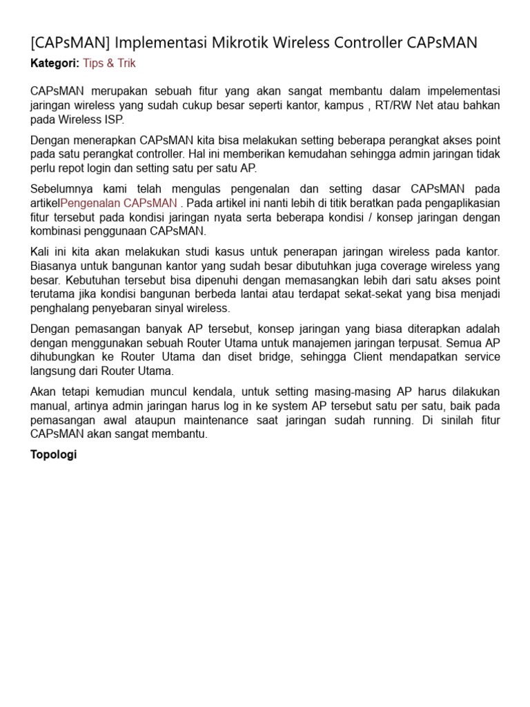 Mikrotik - ID - (CAPsMAN) Implementasi Mikrotik Wireless Controller CAPsMAN | PDF | Komputer