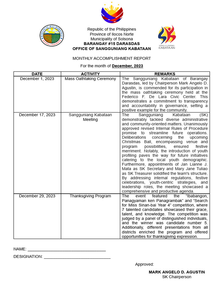 SK Monthly Accomplishment Report - Dec 2023 | PDF | Government