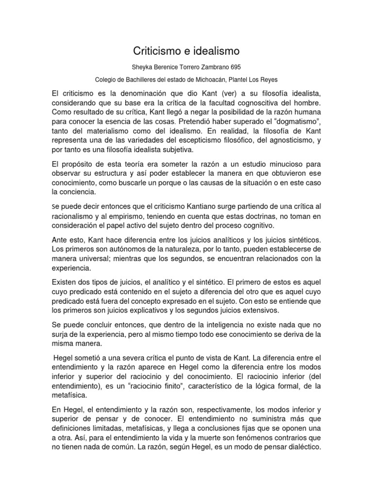 Criticismo e idealismo | PDF | Immanuel Kant | Idealismo