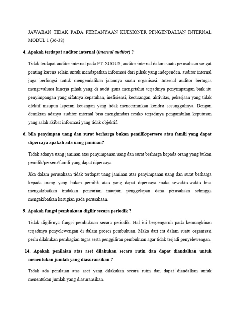 Jawaban Tidak Pada Pertanyaan Kuesioner Pengendalian Internal Modul 1 | PDF | Pengelolaan ...