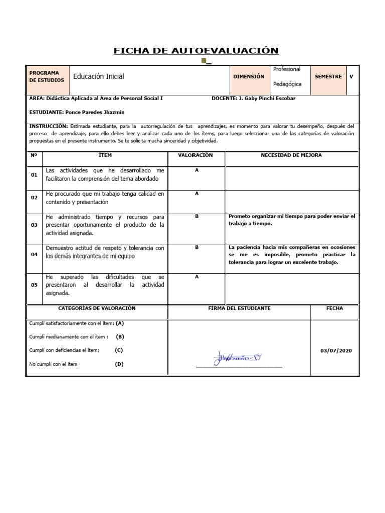 Ficha de Autoevaluación | Descargar gratis PDF | Pedagogía | Teoría de ...