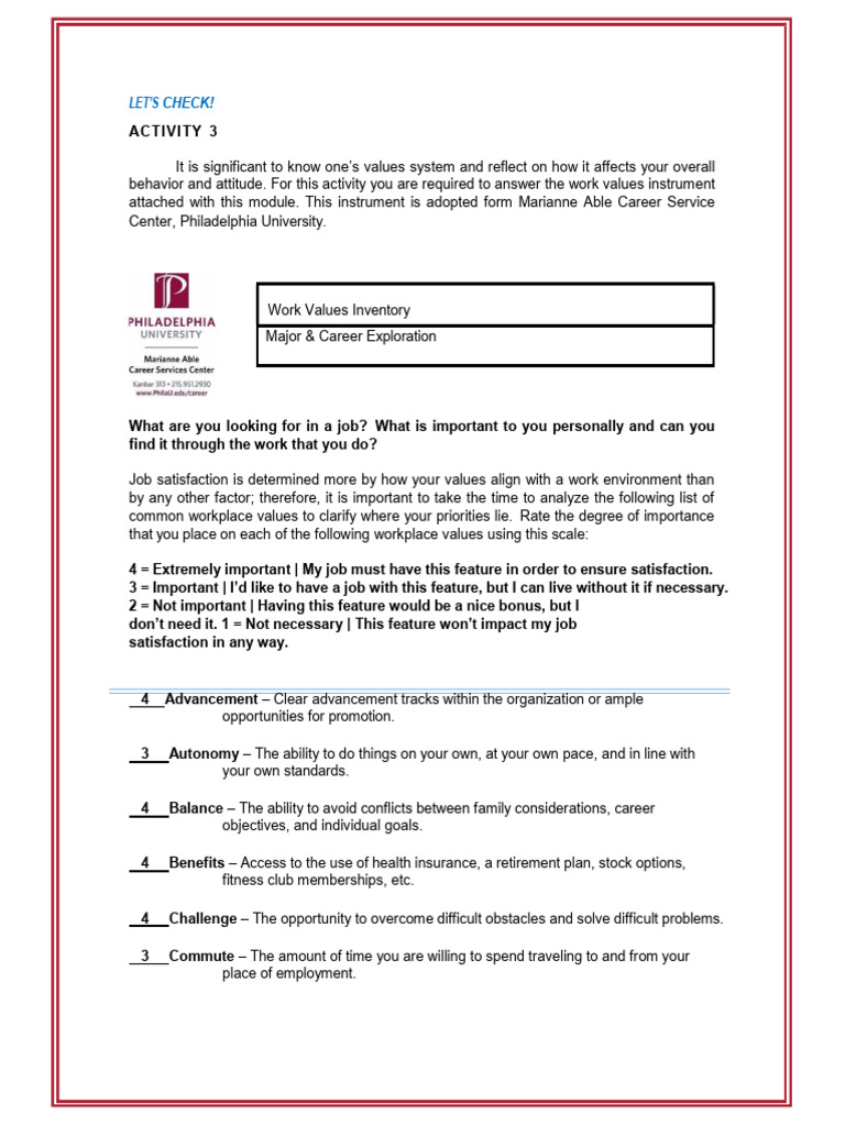 Work Values Inventory Activity Guide | PDF | Job Satisfaction ...