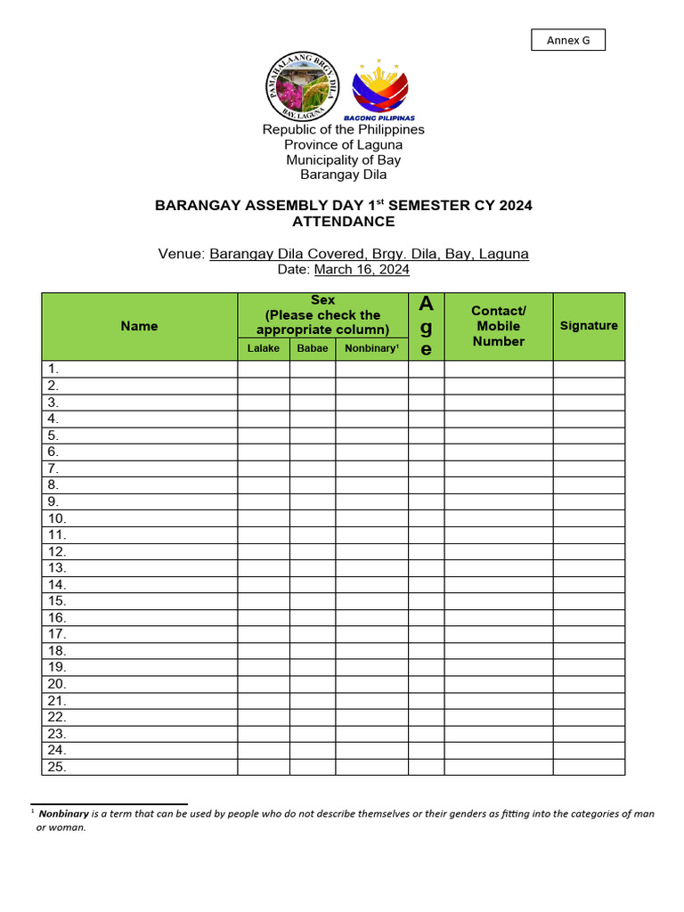 Barangay Assembly Attendance Sheet 2024 | PDF | Discrimination | Gender ...