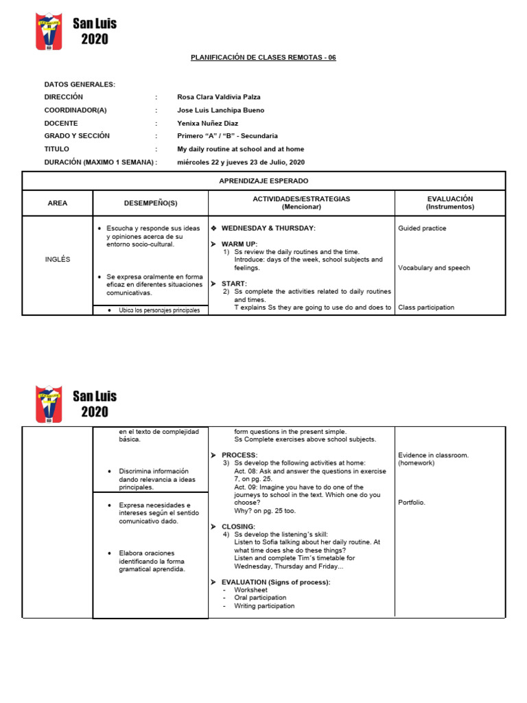 Planificación de Clase 06 - Primero - Secundaria | PDF