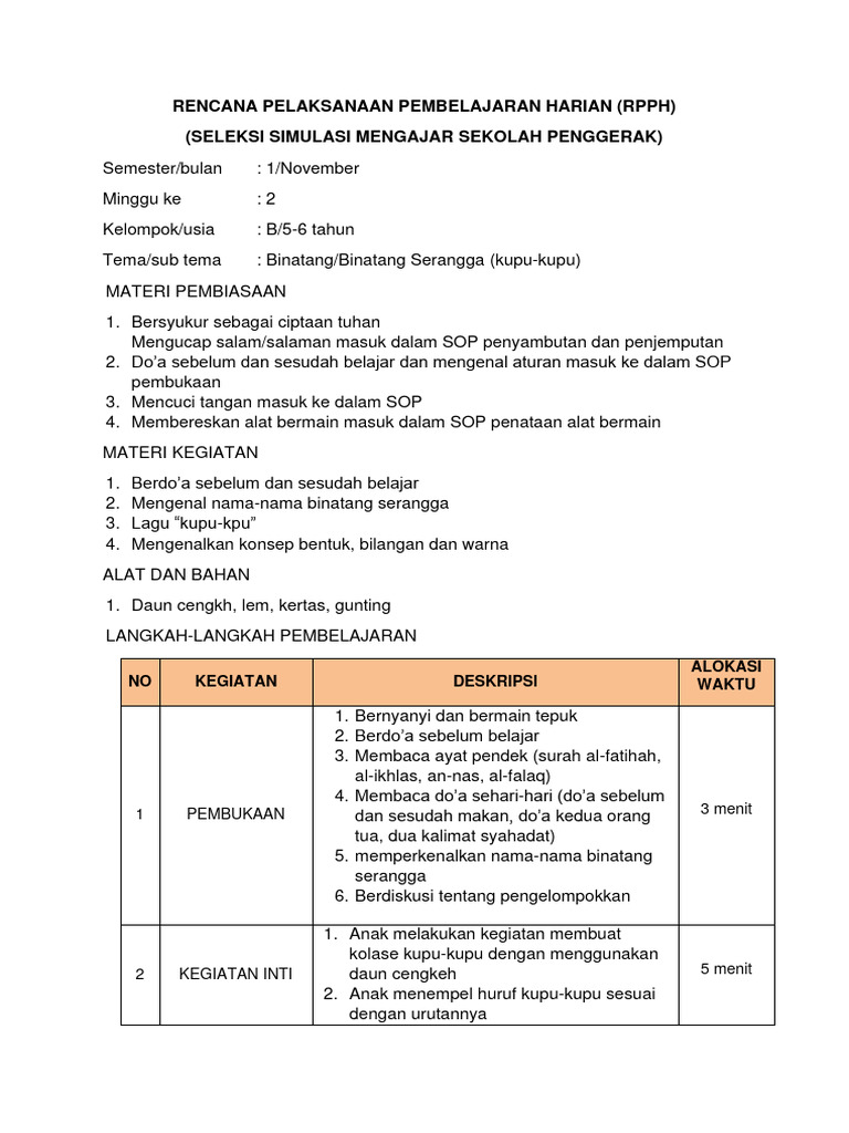 Rencana Pelaksanaan Pembelajaran Harian RPPH | PDF