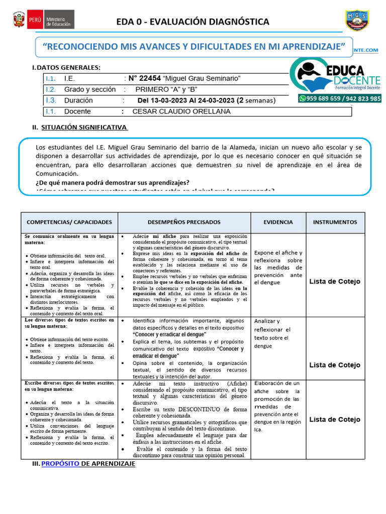 Eda - Evaluación Diagnóstica 1ro | PDF | Evaluación | Aprendizaje