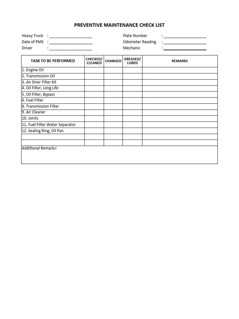 Preventive Maintenance Service Check List - Heavy Trucks | PDF