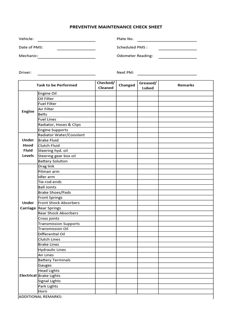 Preventive Maintenance Service Check List - Light Vehicles | PDF