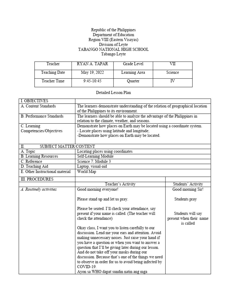 Lesson Plan For Demo | PDF | Latitude | Longitude