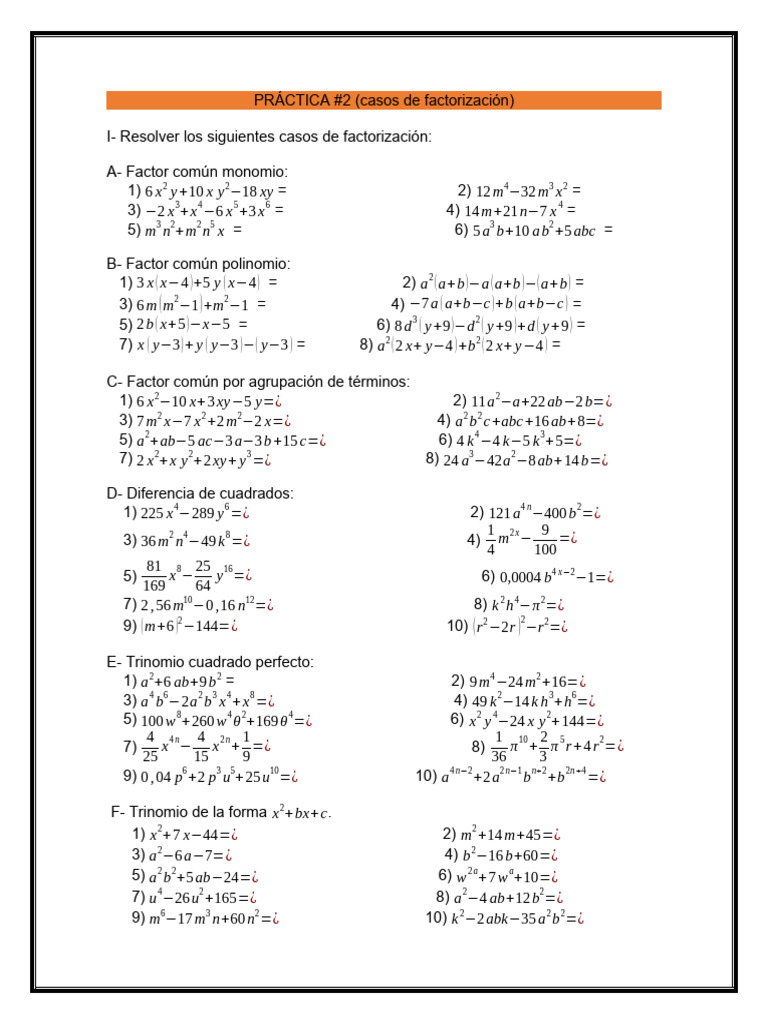 Práctica de Casos de Factorización | PDF | Factorización | Álgebra
