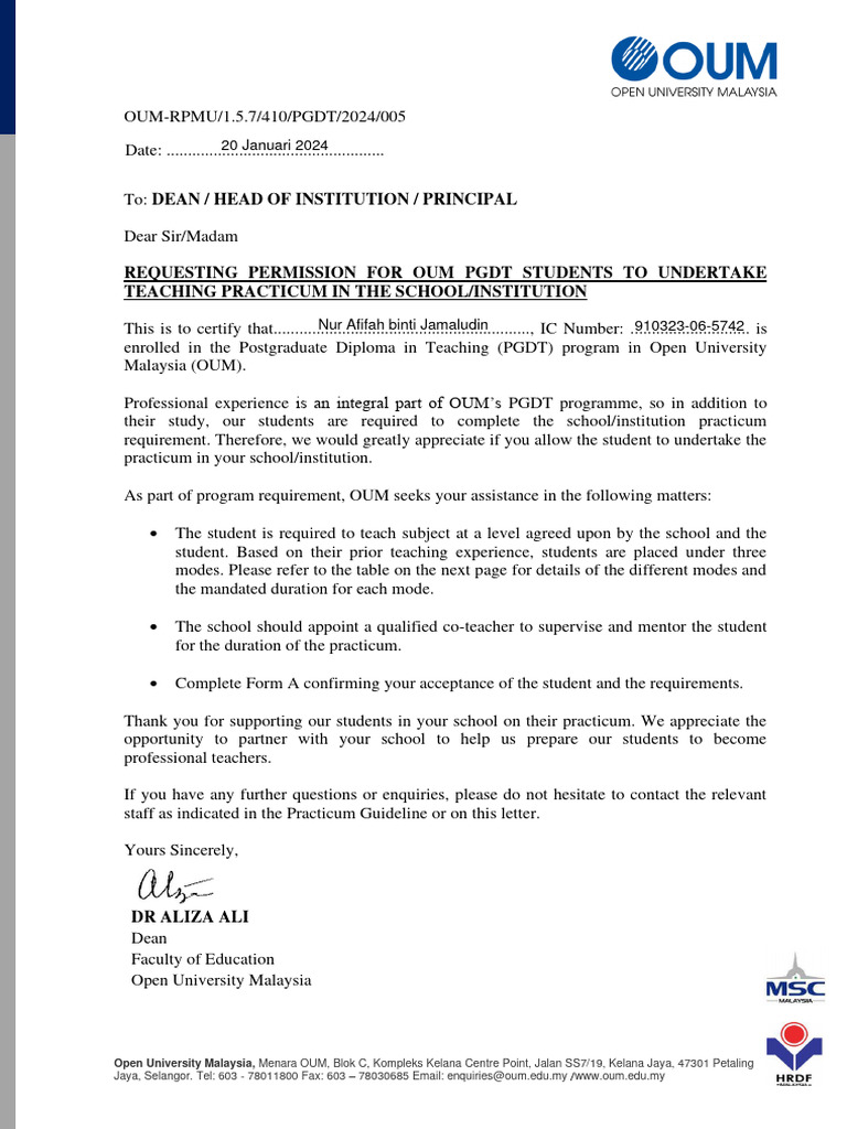 OUM Letter For Practicum Placement PGDT | Download Free PDF | Educational Stages