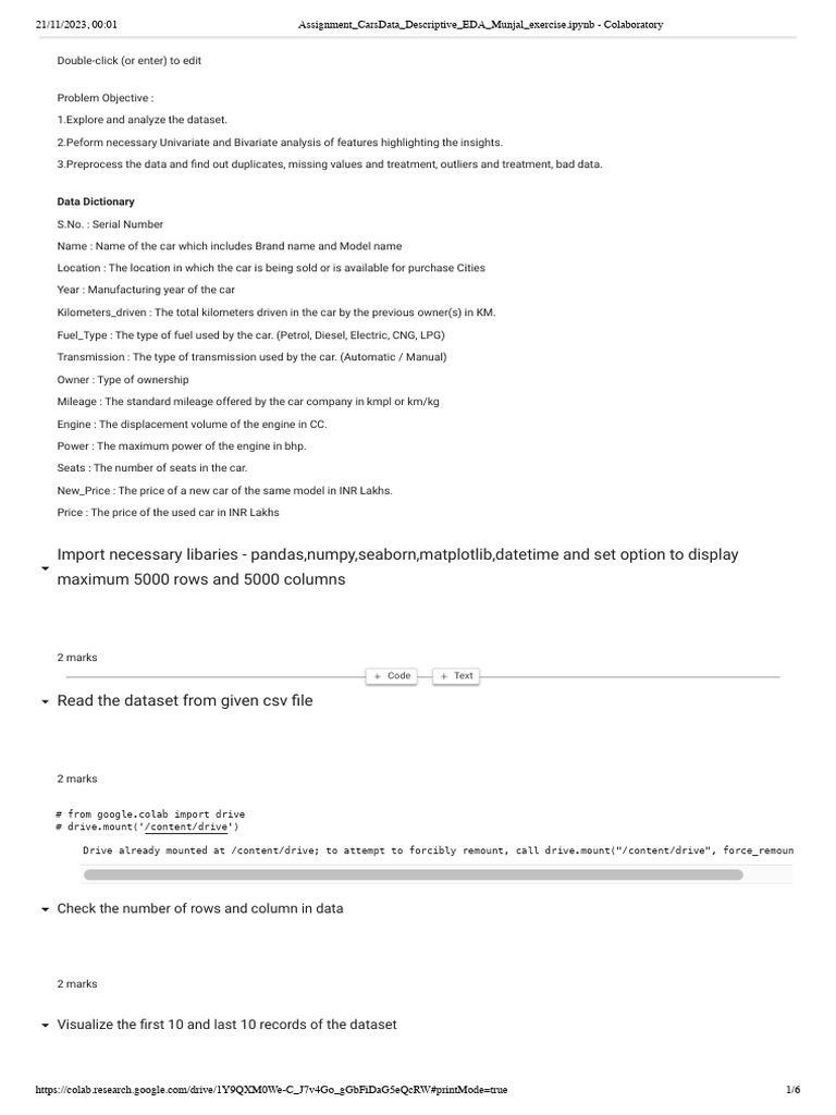 Assignment - CarsData - Descriptive - EDA - Munjal - Exercise - Ipynb - Colaboratory | PDF ...