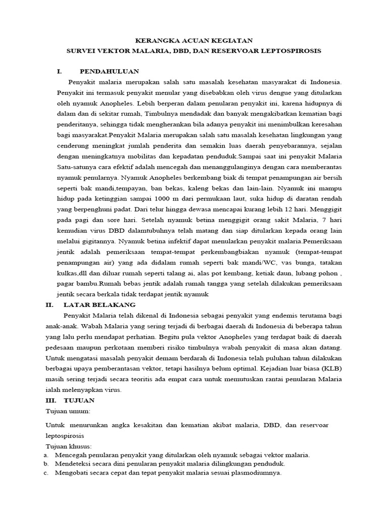 Kerangka Acuan Kegiatan Survey Vektor Malaria, DBD, Dan Reservoar ...