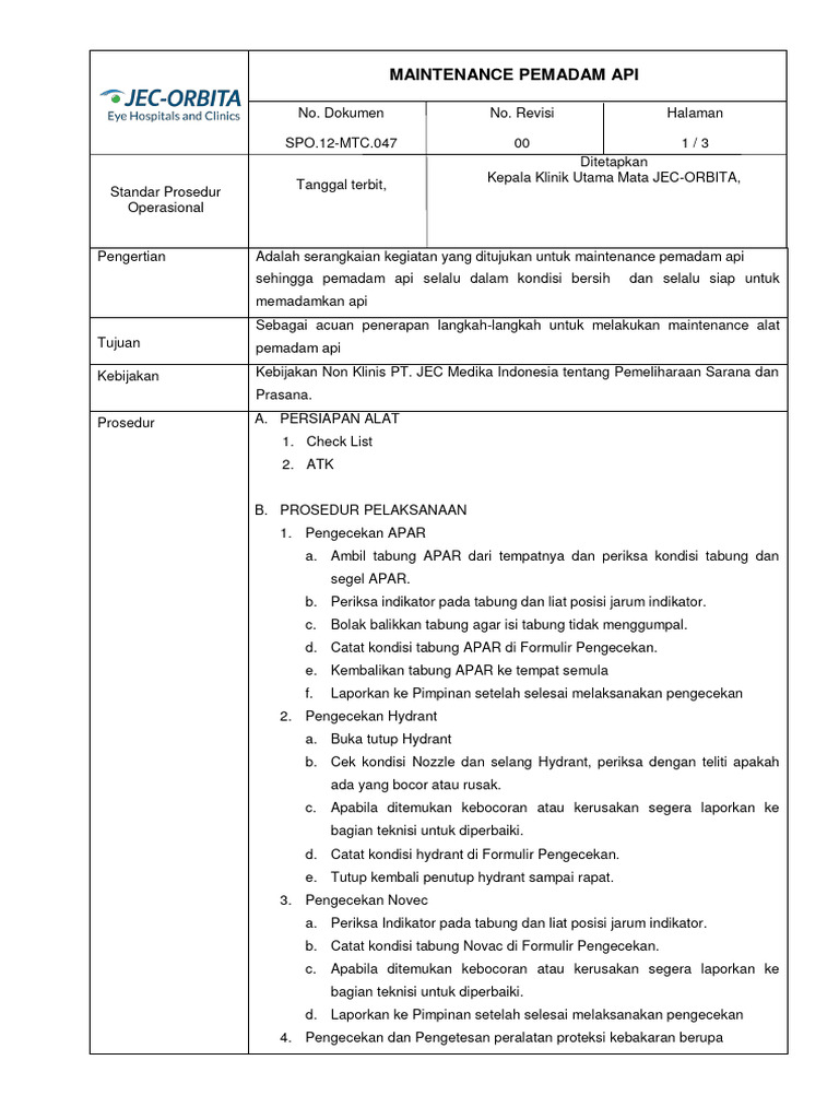 Spo.12-Mtc.047 Maintenance Pemadam Api | PDF | Teknologi & Rekayasa