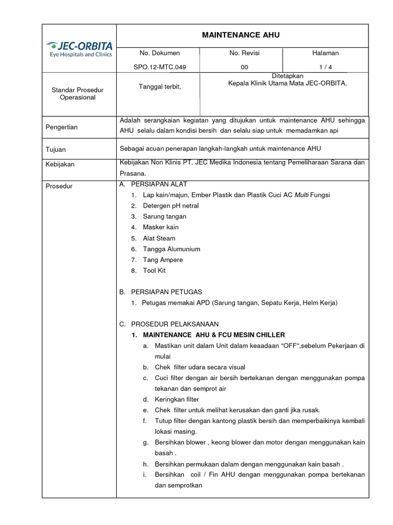 Prosedur Pemeliharaan AHU | PDF