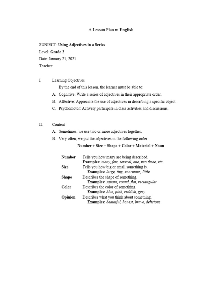 DEMO Lesson Plan For Grade 2 | PDF | Adjective | Learning