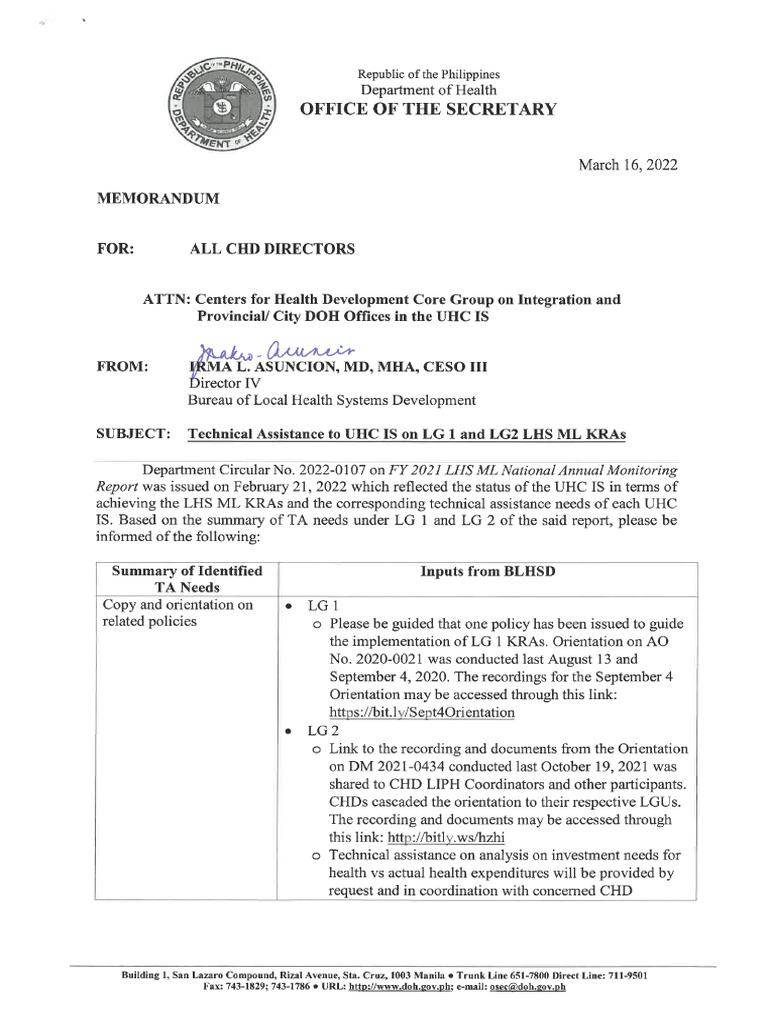 Technical Assistance To UHC IS On LG 1 and LG 2 LHS ML KRAs | PDF