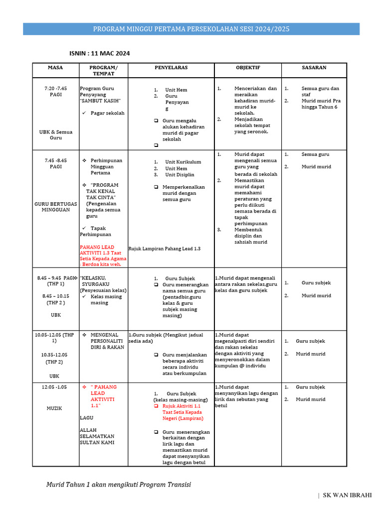 Program Minggu Pertama Persekolahan 2024 2025 | PDF