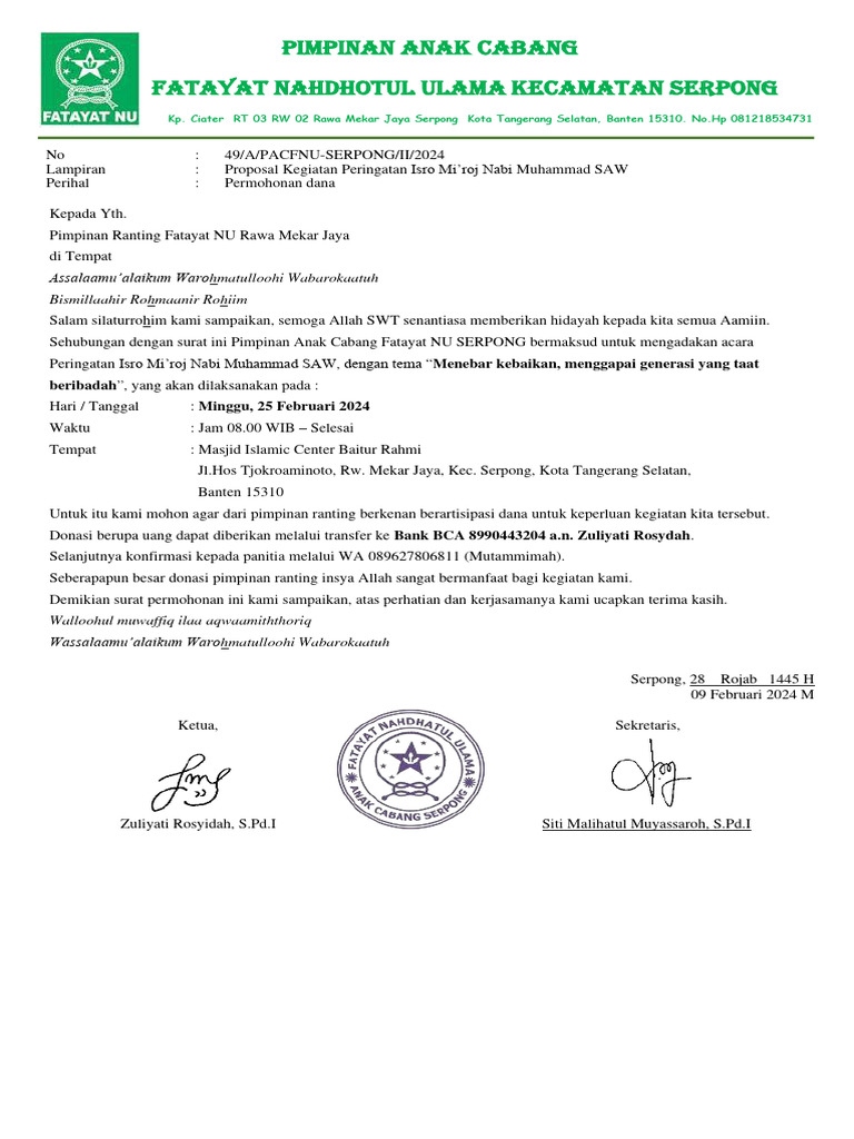 Proposal Isro Mi'Roj 2024 Untuk Ranting Fatayat NU Rawa Mekar Jaya | PDF