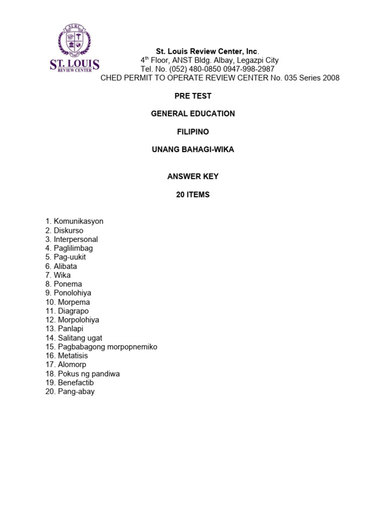 Pre Test Gen Ed Filipino Answer Key | PDF