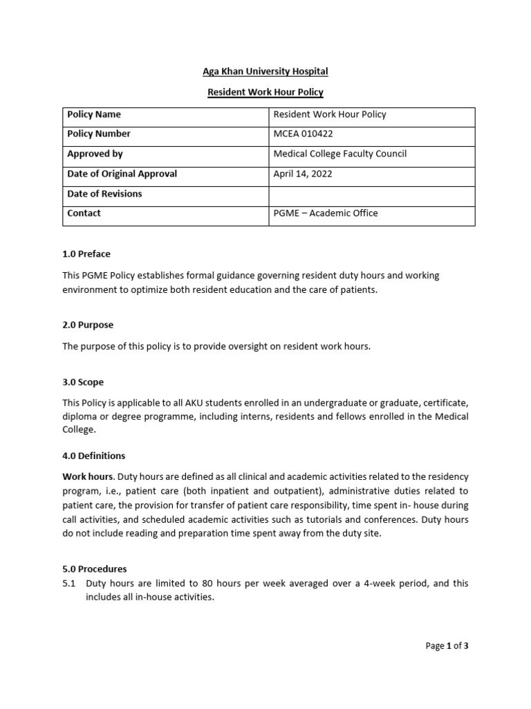 Resident Work Hour Policy Overview | PDF | Patient | Residency (Medicine)