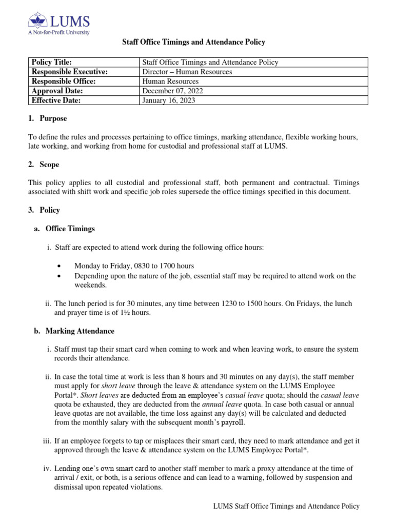 Staff Office Timings and Attendance Policy - 2022 | PDF | Overtime ...