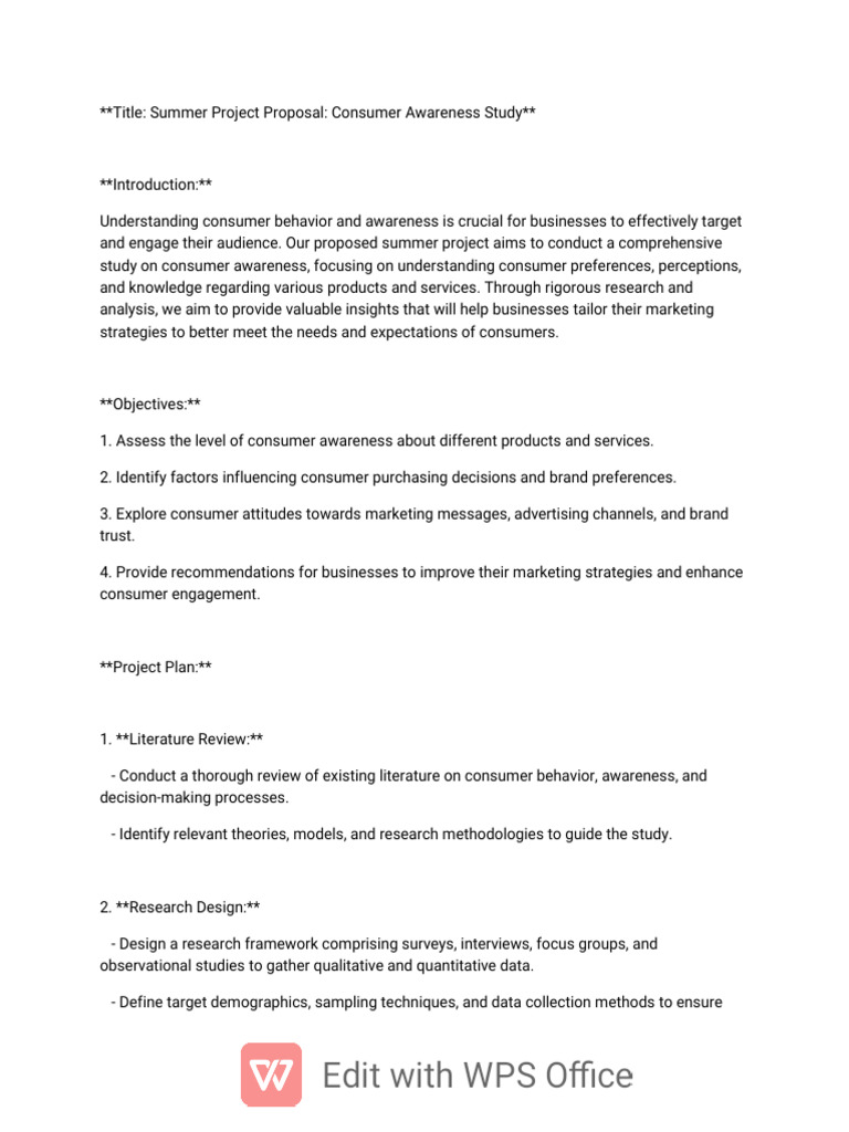 Summer Project Proposal On Consumer Awareness Study | PDF | Consumer Behaviour | Methodology