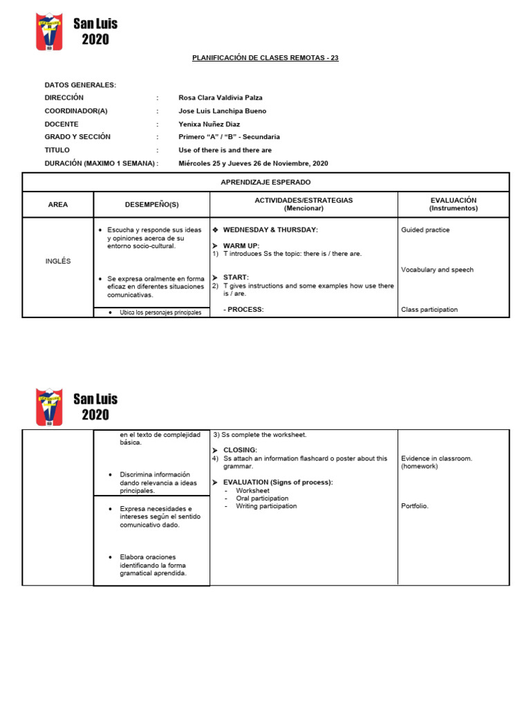 Planificación de Clase 23 - Primero - Secundaria | PDF | Aprendizaje ...