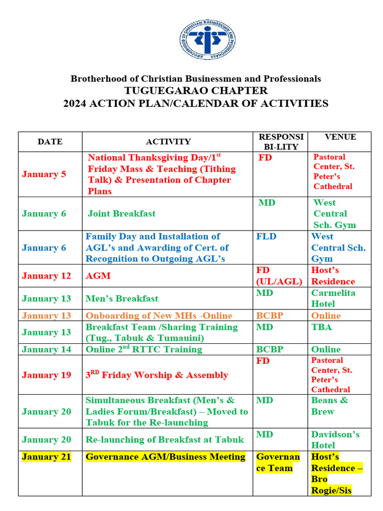 2024 BCBP Action Plan Calendar of Activities | PDF | Systematic Theology